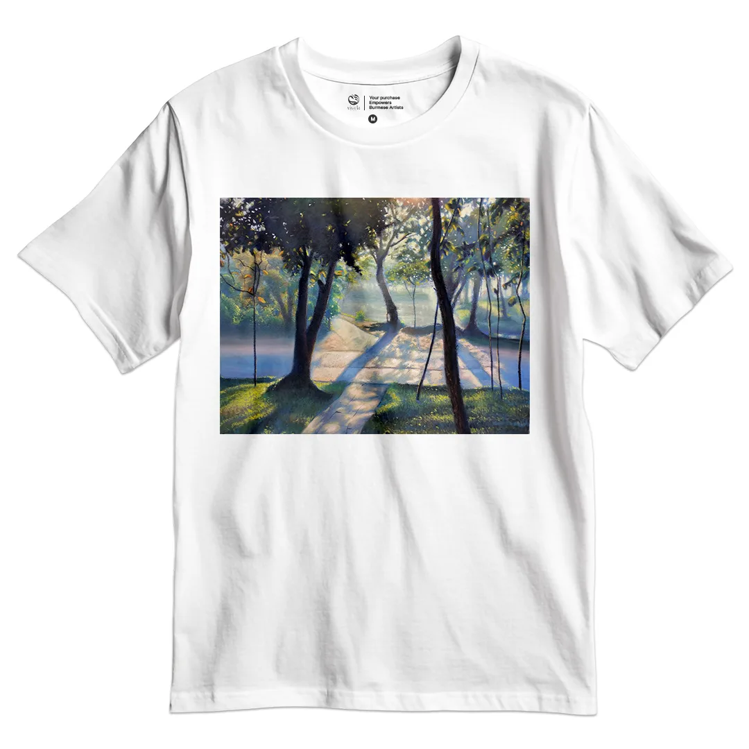 Pastel Landscape with Sunlit Trees and Dappled Pathway design on T ...